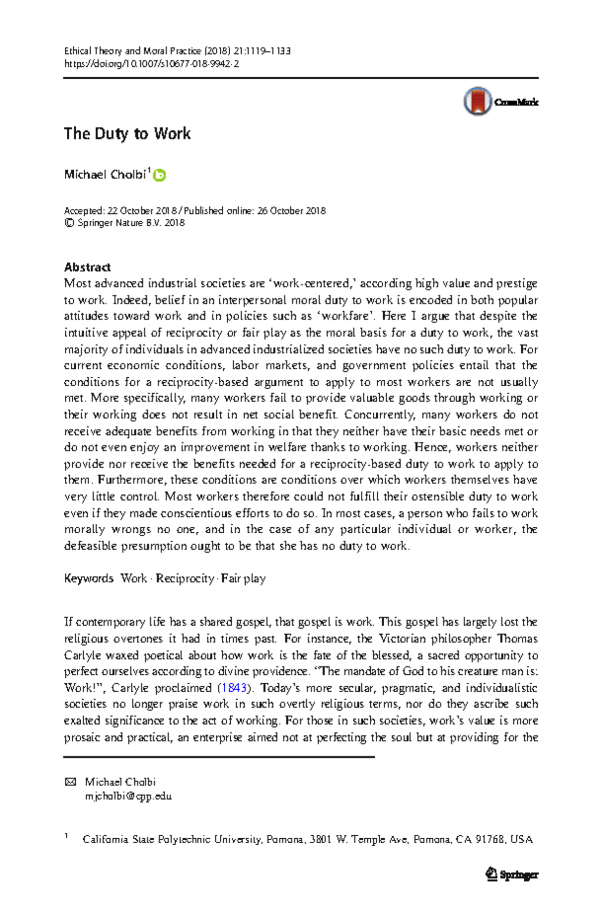 Contemp Issues - Week 1: The Duty to Work by Michael Cholbi - Studocu