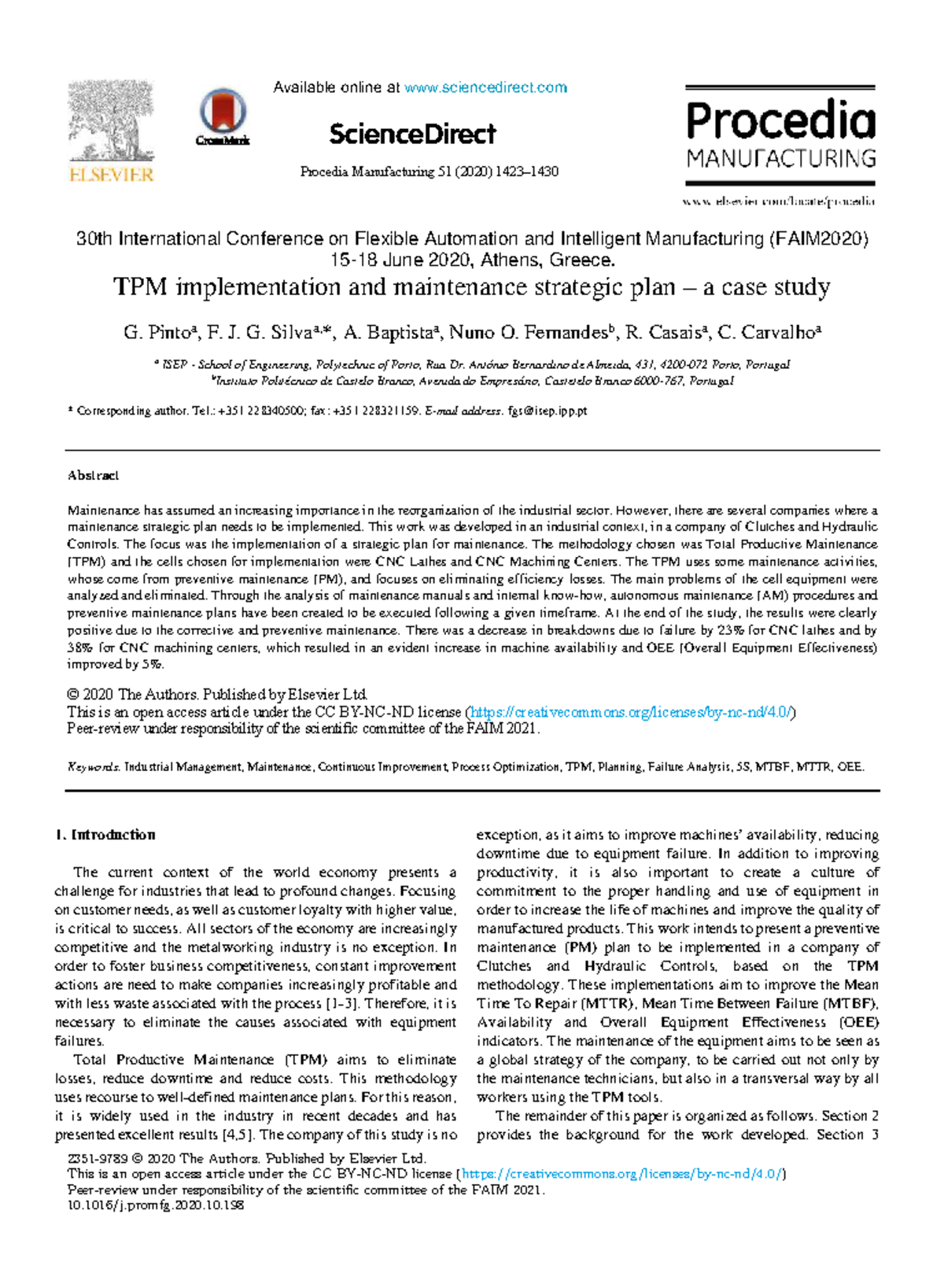 TPM Implementation and Maintenance Strategy: A Case Study (FAIM2020 ...