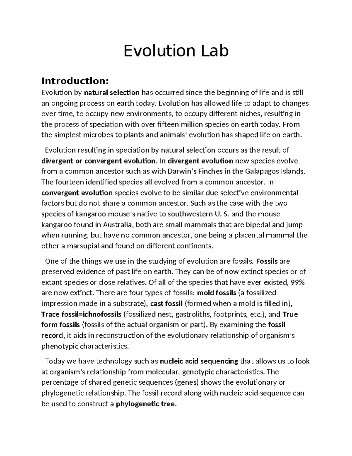Bio 104 - Evolution Lab: Exploring the Principles of Natural Selection ...