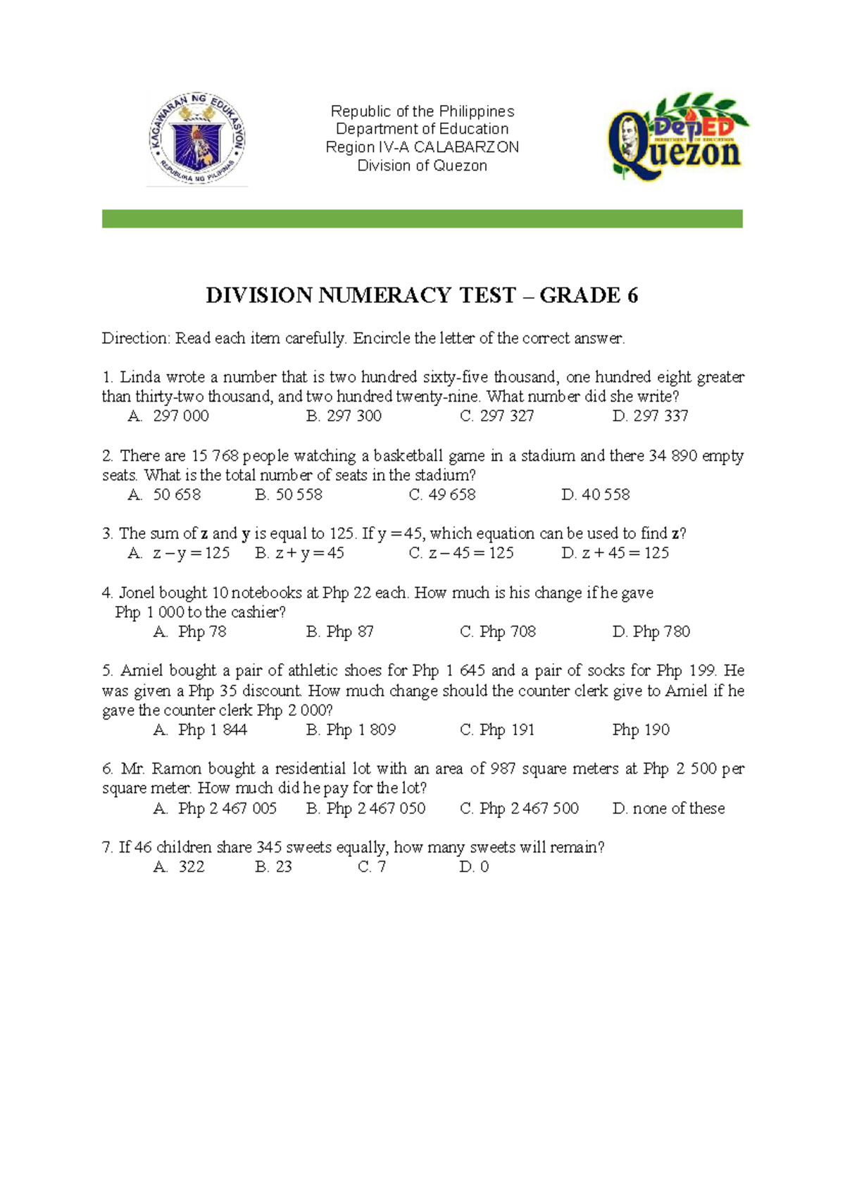 Grade 6 Numeracy Division Test - Philippines - Studocu