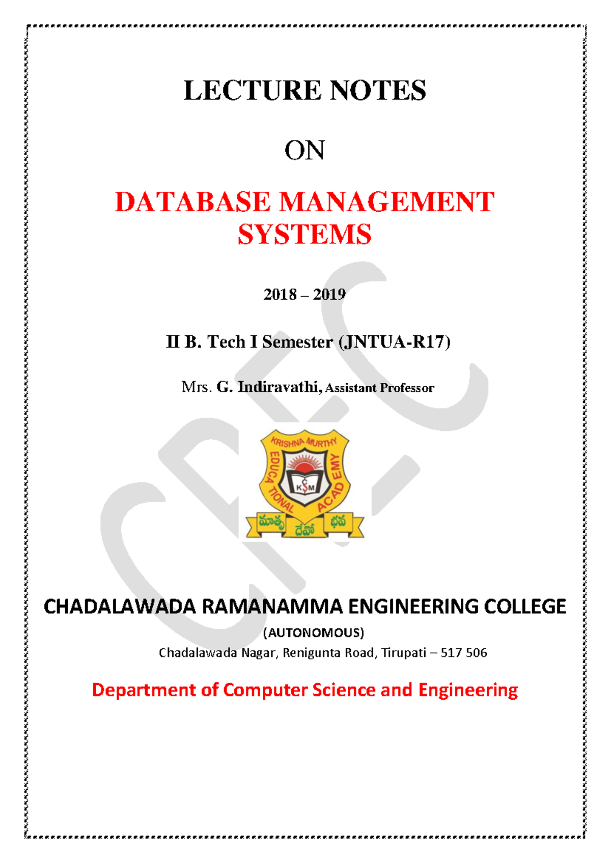 Dbms Lecture Notes Lecture Notes On Database Management Systems 2018 2019 Ii B Tech I