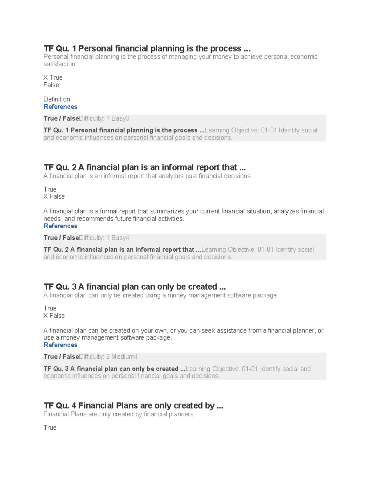 TF 101 Personal Financial Planning Quiz Questions and Answers - Studocu