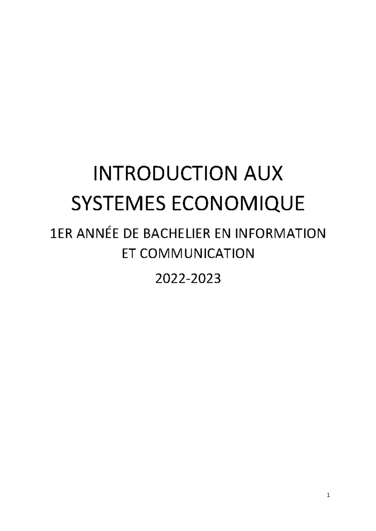 Introduction aux Systèmes Économiques - Cours de 1ère Année BIC - Studocu
