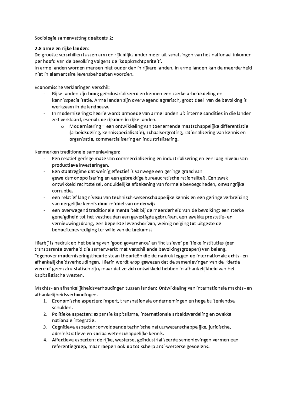 Sociologie Samenvatting Deeltoets 2 Versie 3 - Rijke en Arme Landen ...