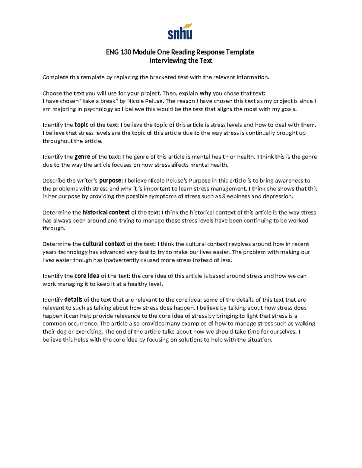 ENG 130 Module One Reading Response: Analyzing Stress Management - Studocu