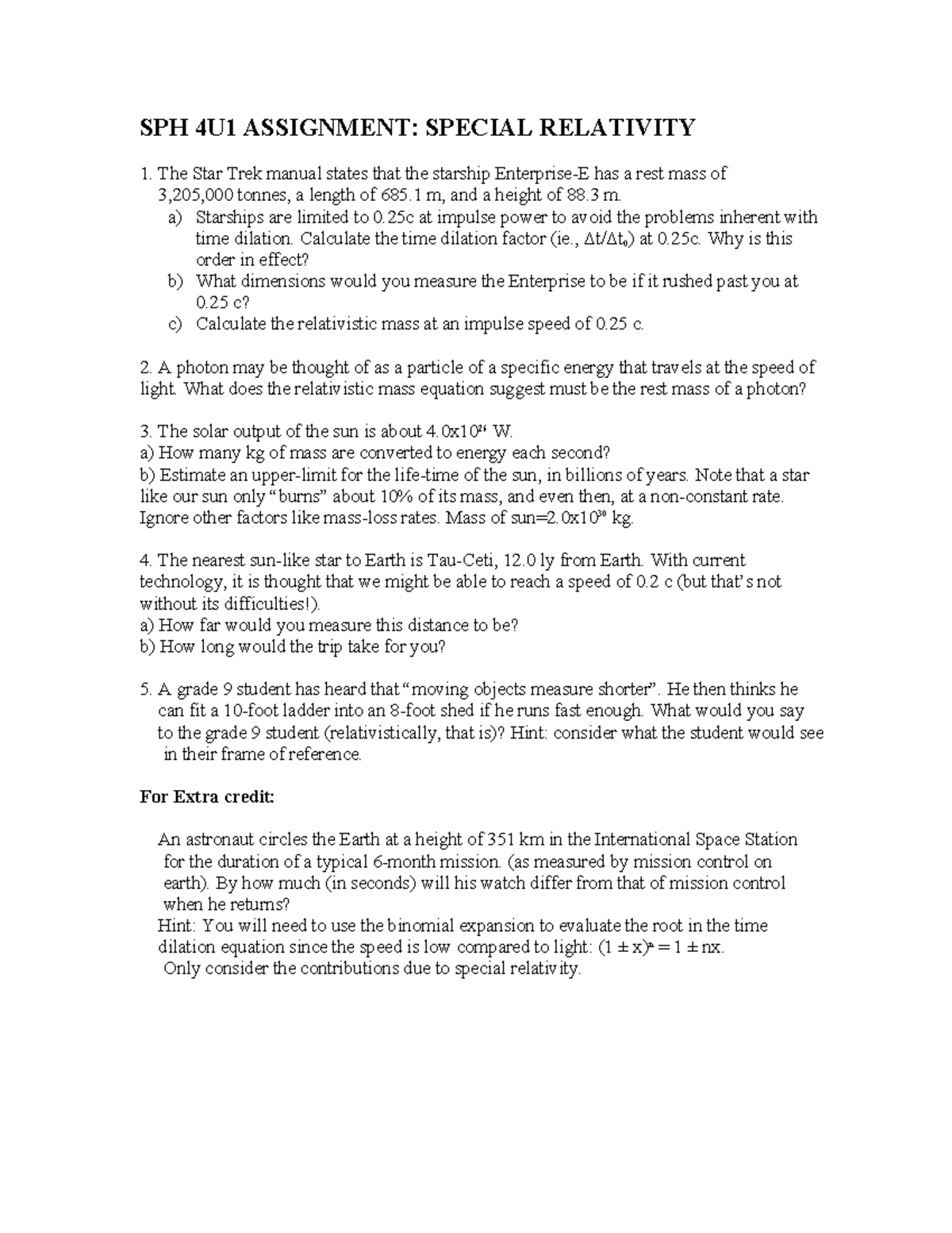 SPH 4U1 Assignment-relatvity - SPH 4U1 ASSIGNMENT: SPECIAL RELATIVITY ...