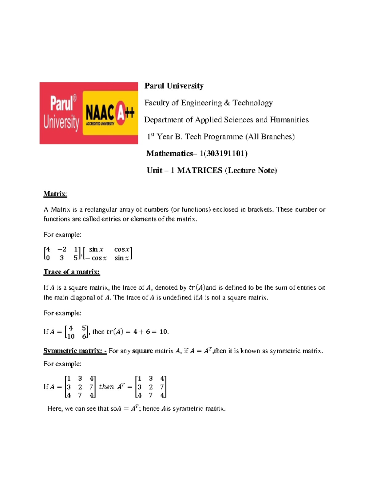 Unit 1 (303191101) MATRICES Lecture Notes for B. Tech 1st Year - Studocu