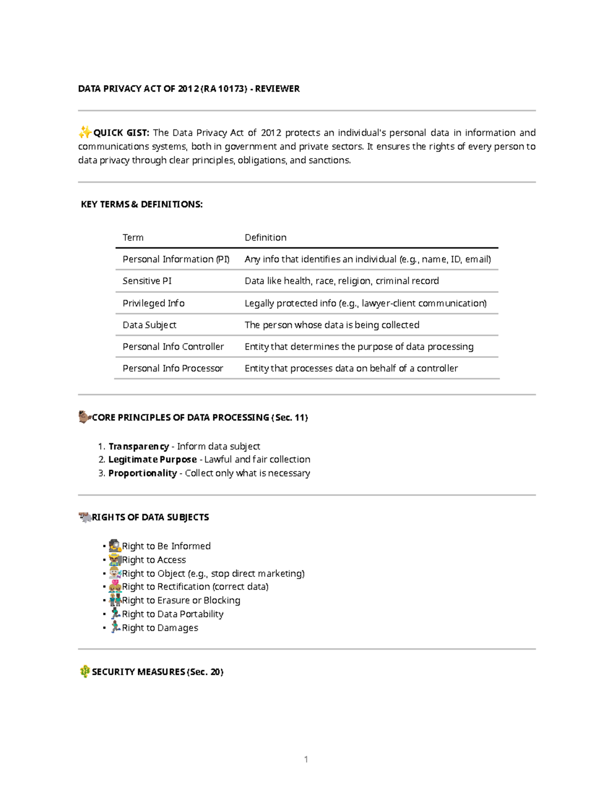 DATA PRIVACY ACT OF 2012 (RA 10173) REVIEWER SUMMARY - Studocu