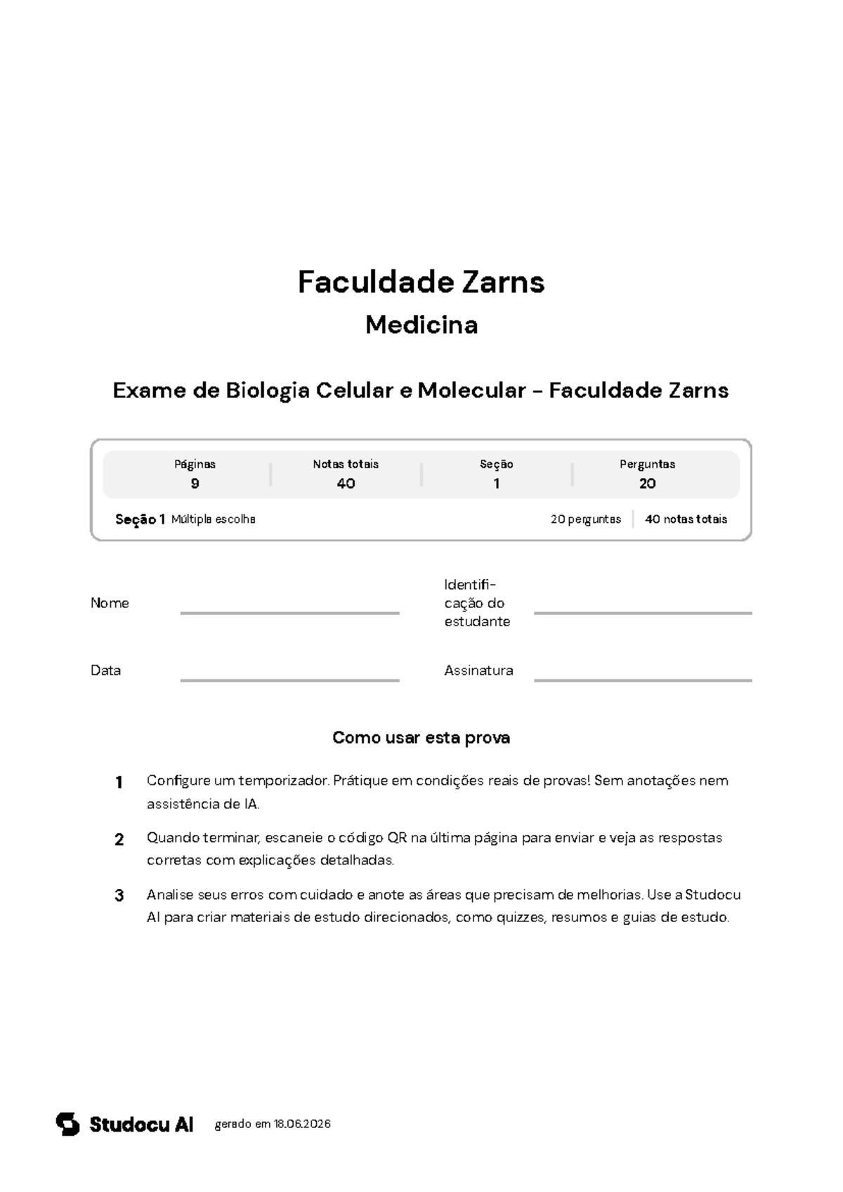 Exame Final de Biologia Celular - Faculdade Zarns - Studocu