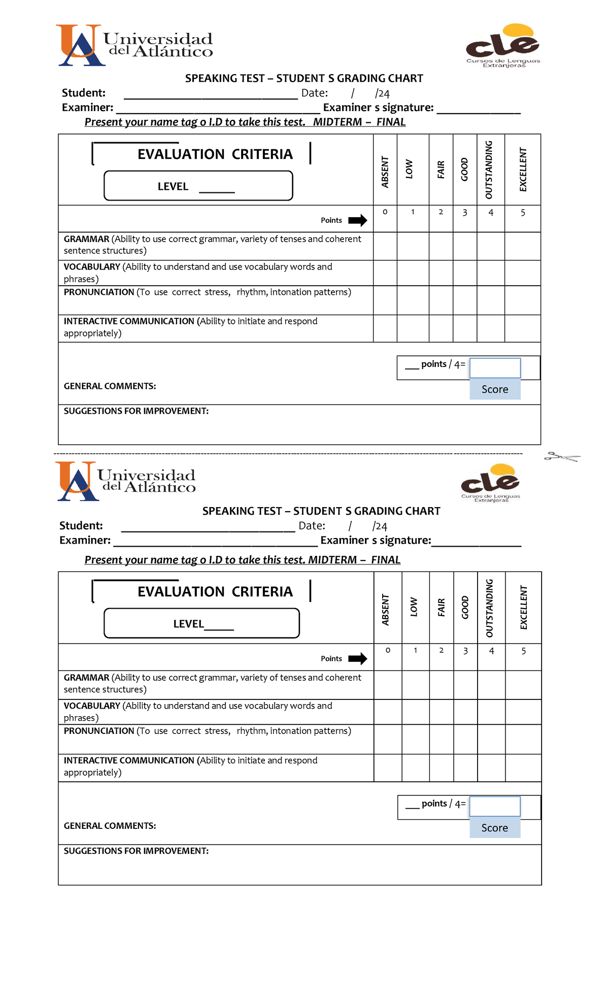 MIDTERM SPEAKING TEST GRADING CHART: EVALUATION CRITERIA & SCORE - Studocu