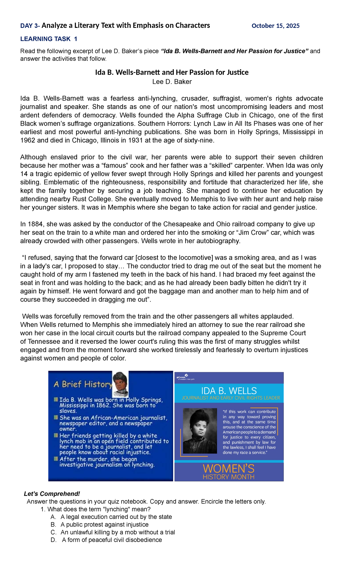DAY 1 2 Q2 LAS: Analyzing Ida B. Wells' Character and Impact - Studocu