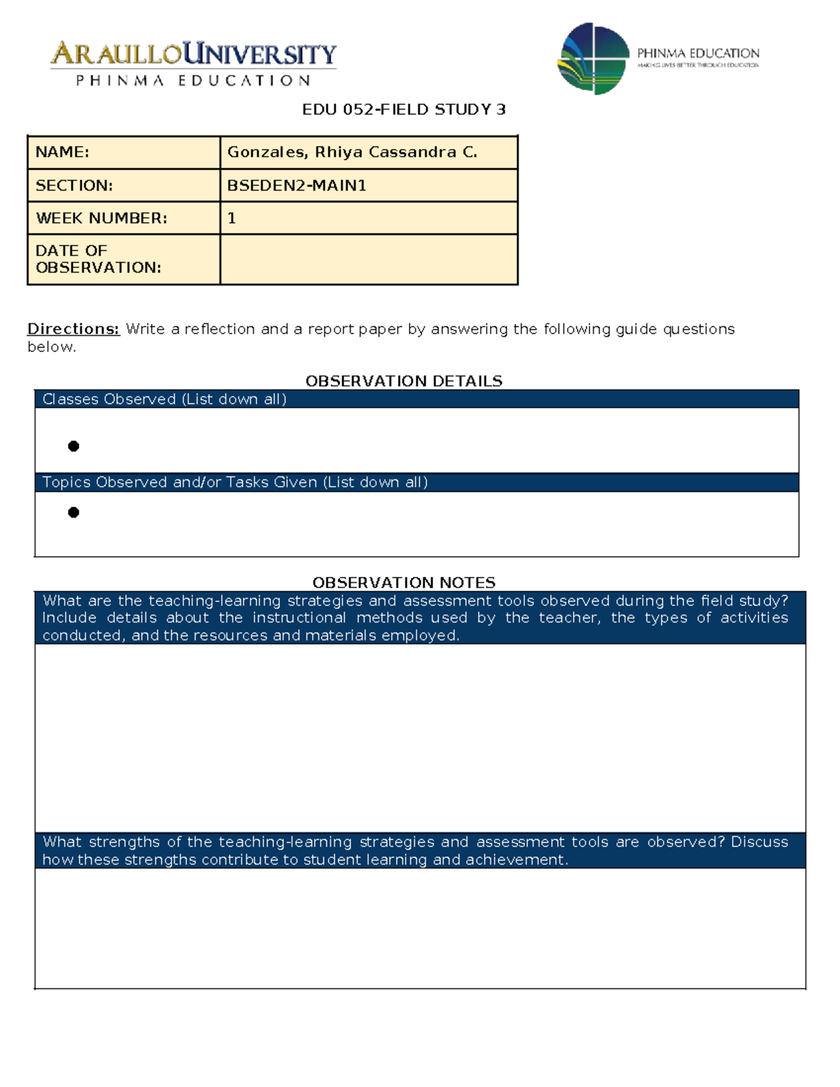 Copy-of-EDU-052- Field- Study 3 Weekly- Journal- Template - EDU 052 ...