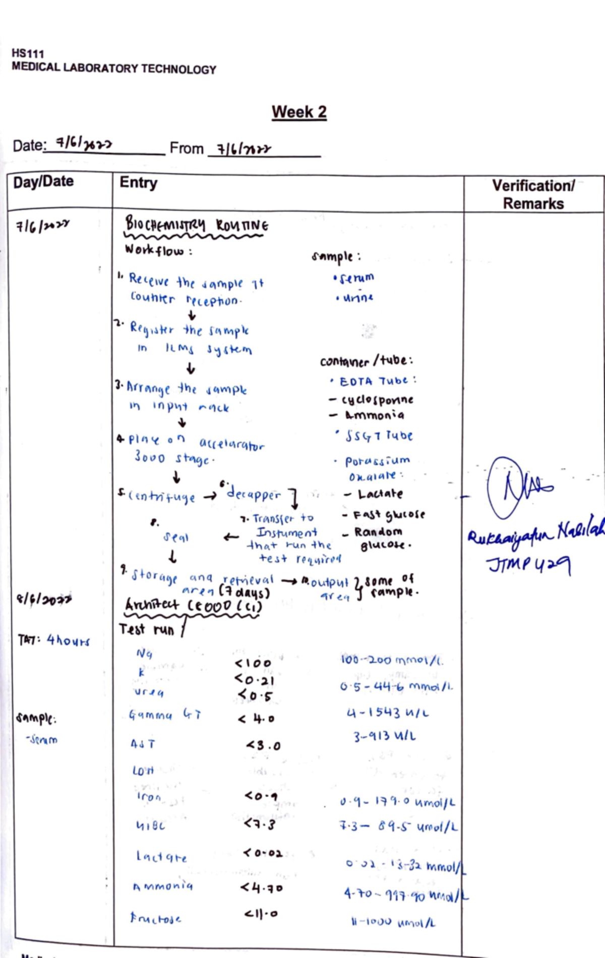 Weekly report week 2 - HS 1 11 MEDICAL LABORATORY TECHNOLOGY Date ...