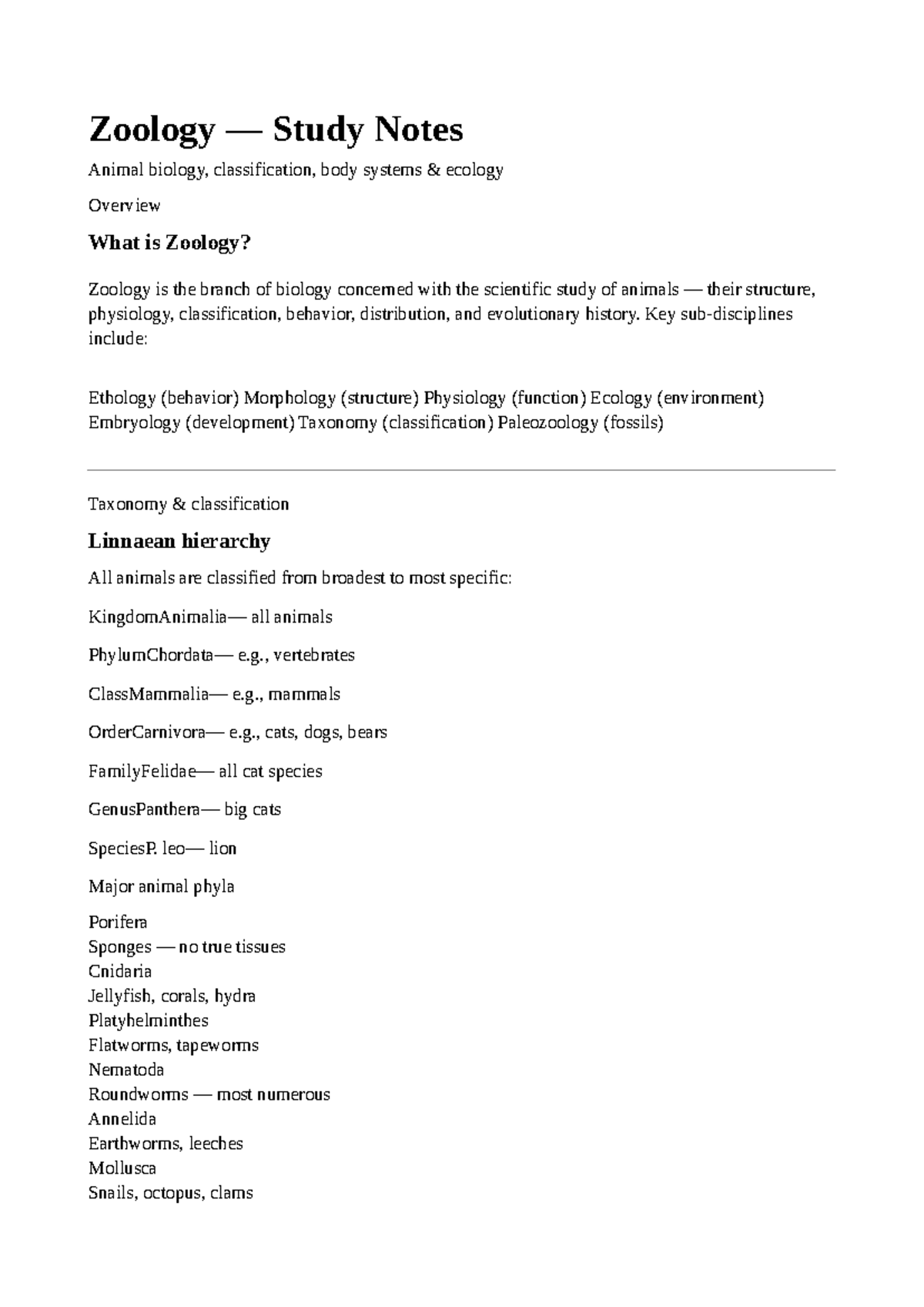 Zoology Study Notes: Animal Biology & Classification Overview - Studocu