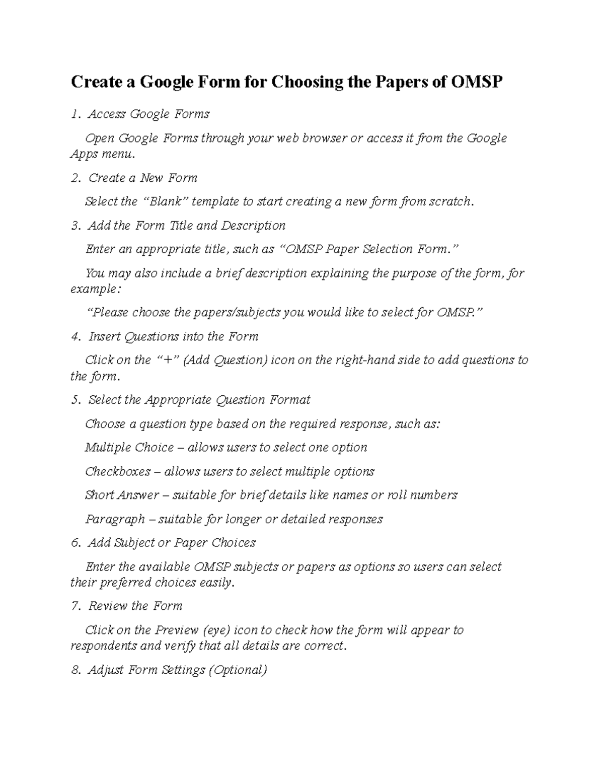 Creating a Google Form for Paper Selection in OMSP 5-1 - Studocu