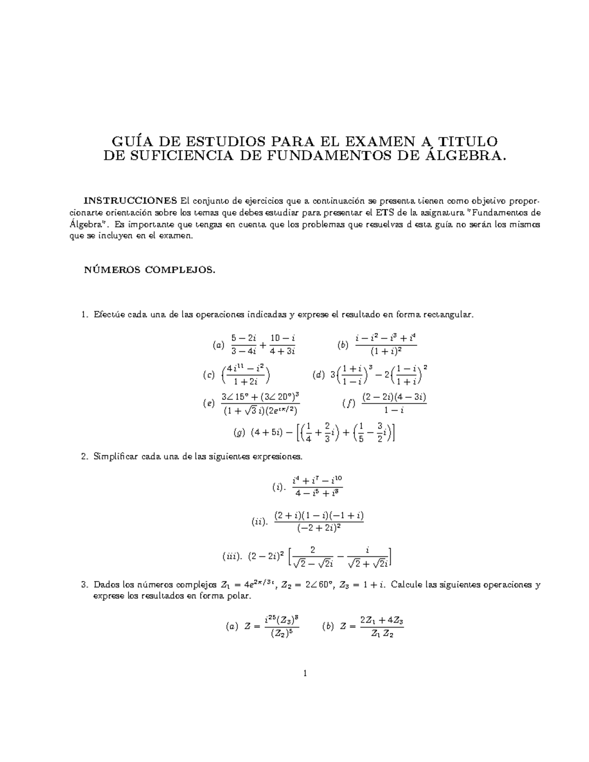 Guia fundamentos de algebra - GU ́IA DE ESTUDIOS PARA EL EXAMEN A TITULO DE SUFICIENCIA DE - Studocu