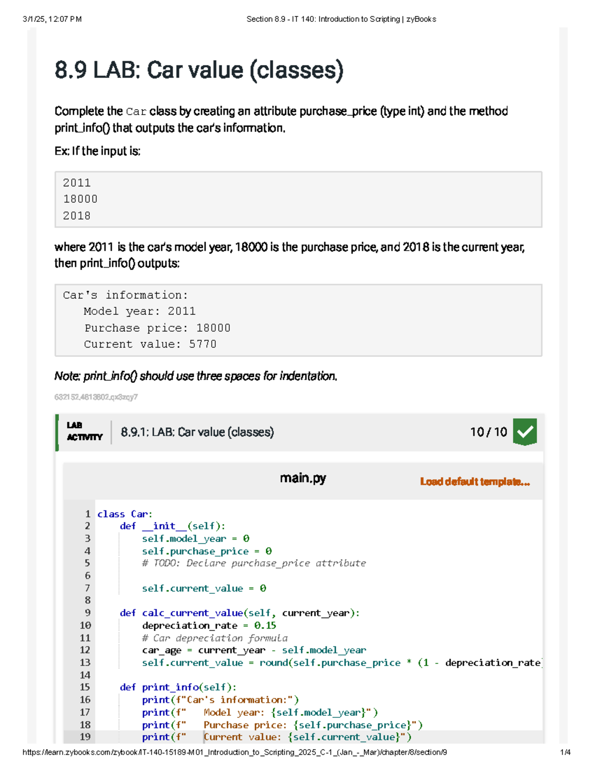 LAB 8.9 - IT 140 Introduction to Scripting: Car Value Class Exercise - Studocu