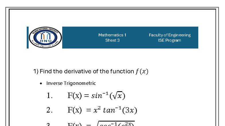 Mathematics 1 - Derivatives of Inverse Trigonometric Functions - Studocu