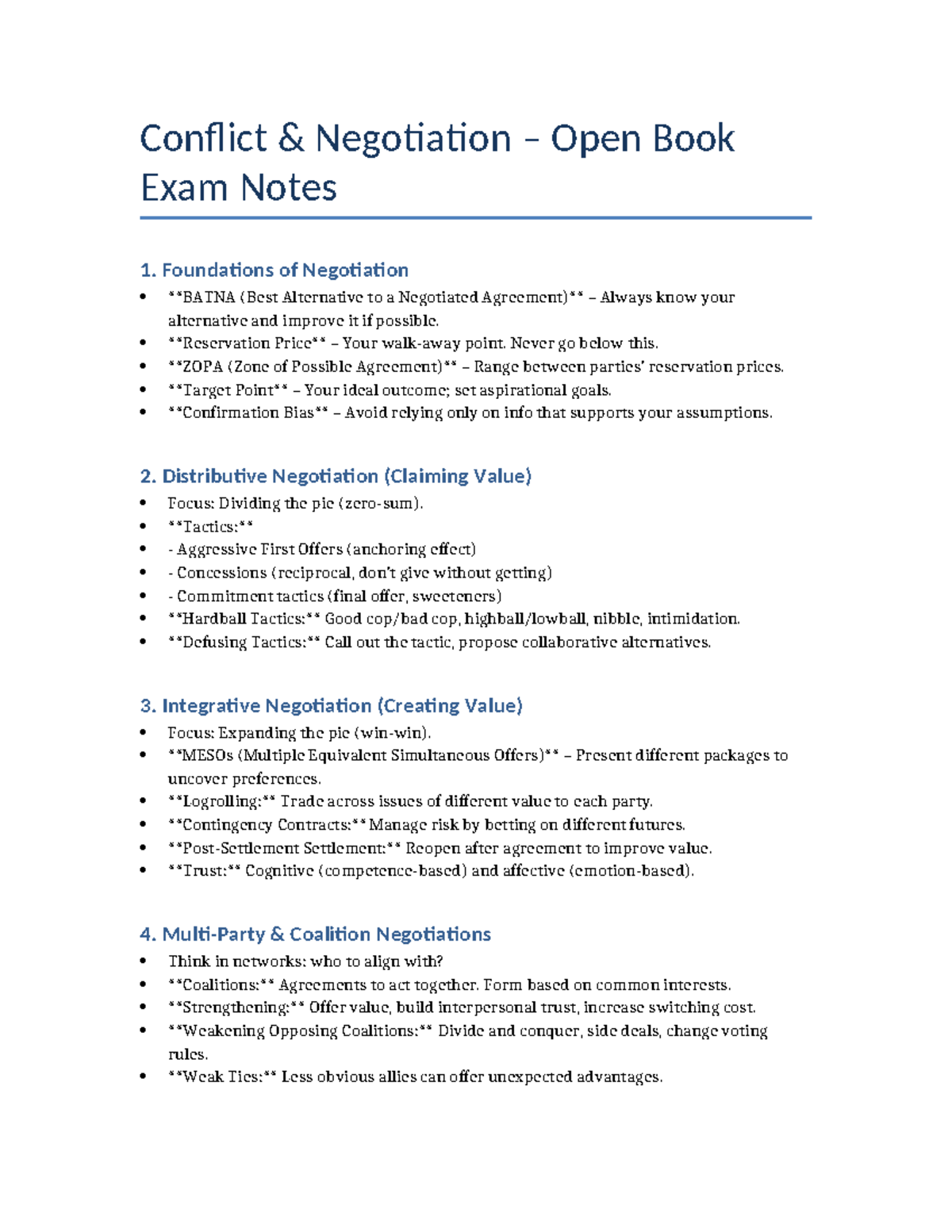 Conflict Negotiation Open Book Exam Notes (Foundations & Strategies ...