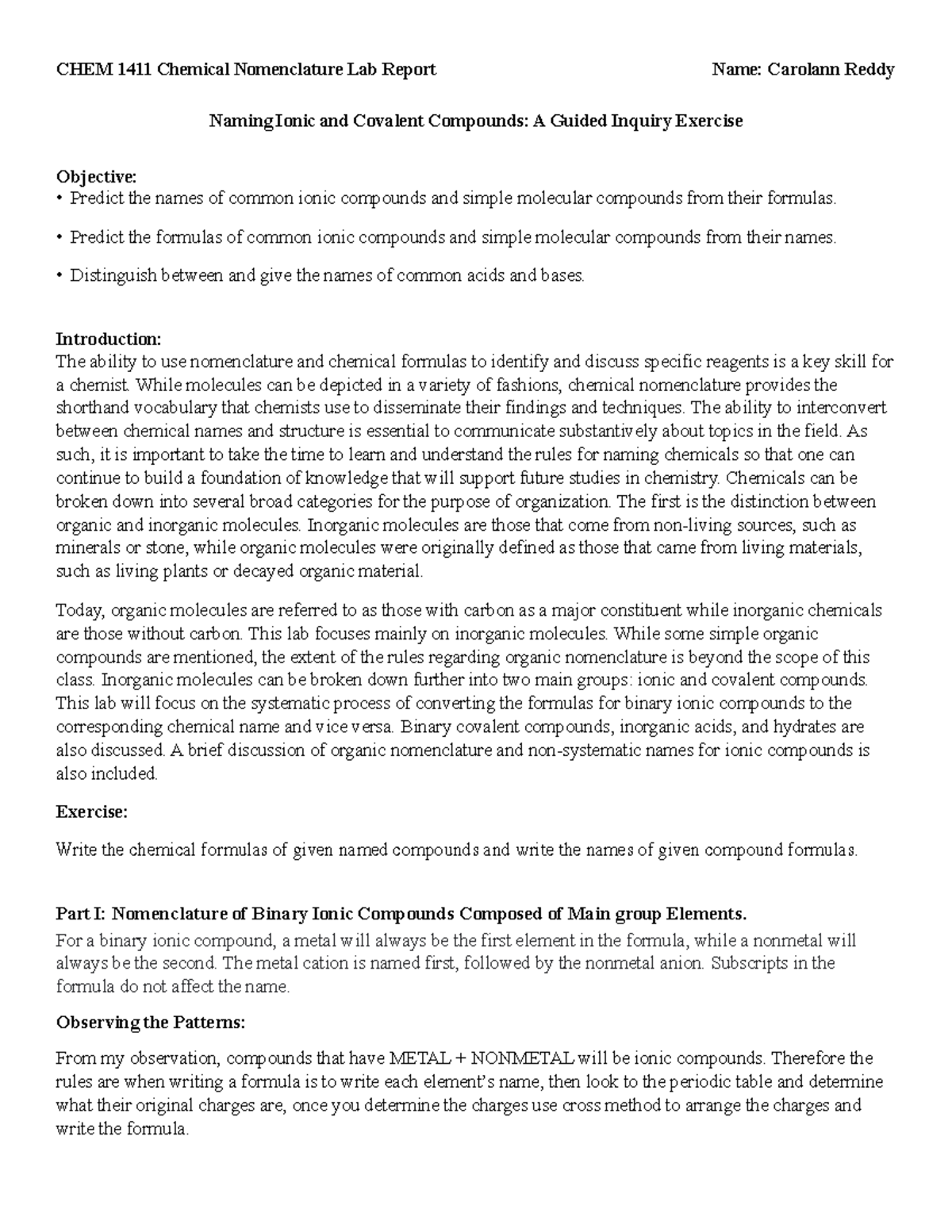 CHEM 1411 Chemical Nomenclature Lab Report Exercise Guide - Studocu