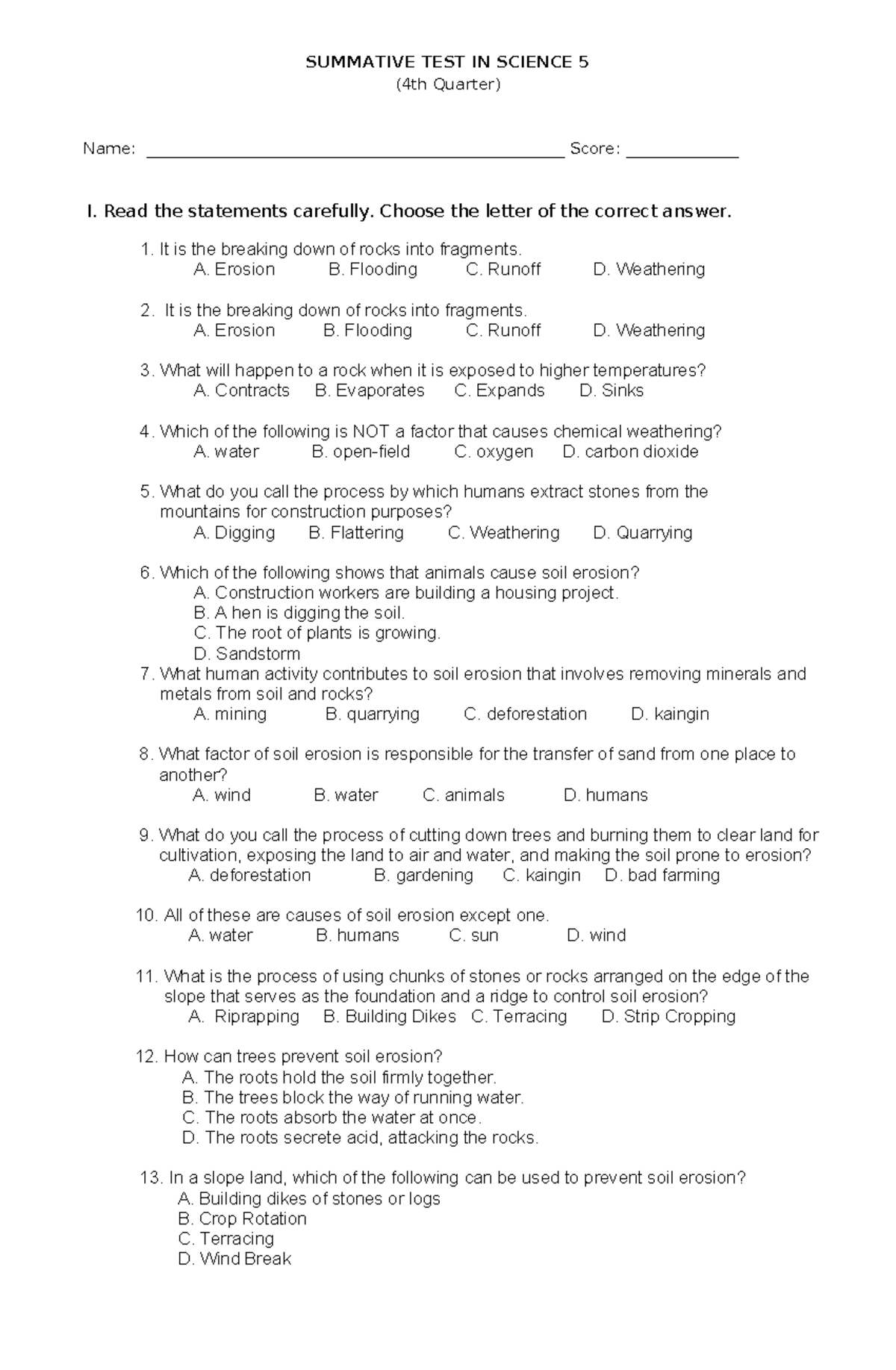 4th Quarter Summative TEST in Science 5 #1 2024-2025 - SUMMATIVE TEST ...