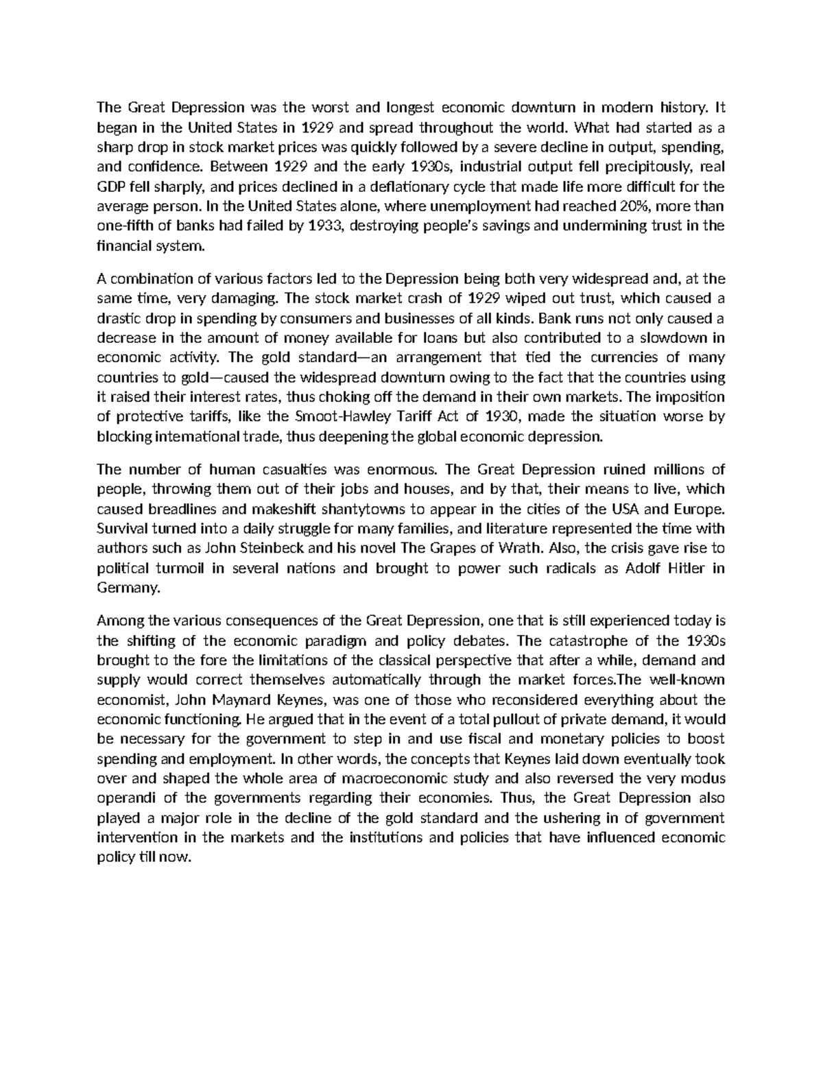 Summary: The Great Depression of 1930 - Causes and Consequences - Studocu