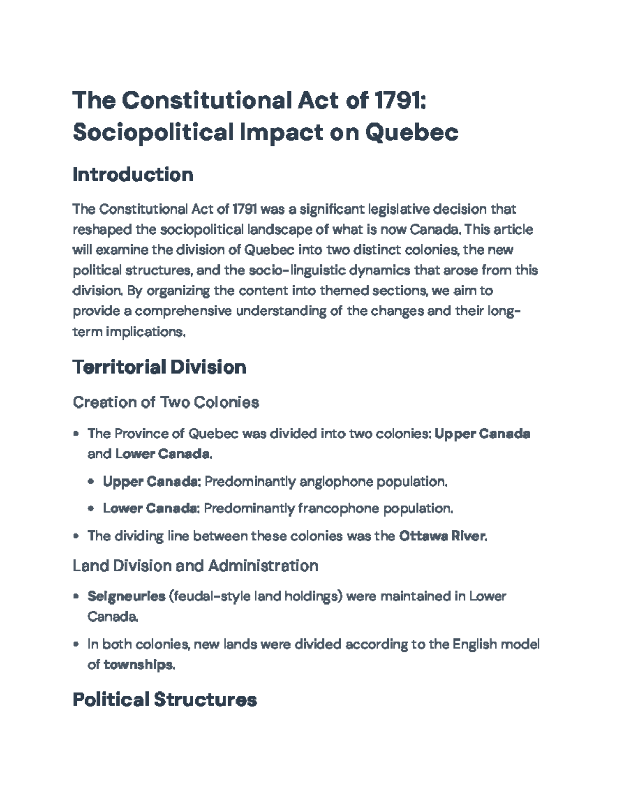 The Constitutional Act of 1791: Its Sociopolitical Impact on Quebec ...