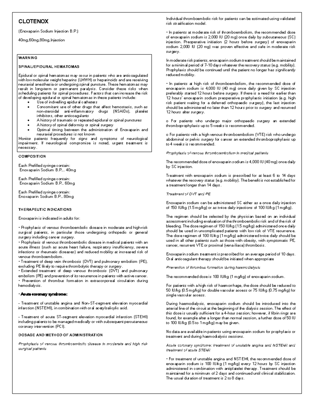 Clotenox (Enoxaparin Sodium Injection) Safety and Administration ...