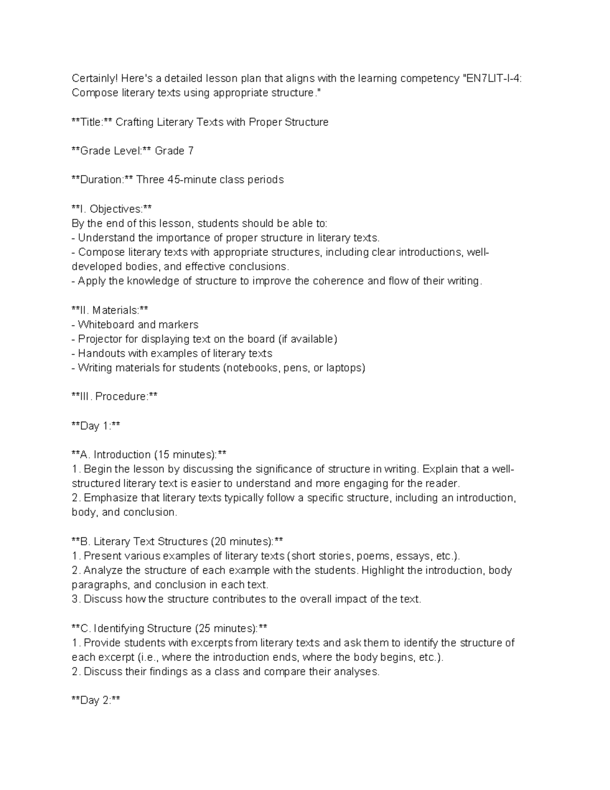 EN7LIT-I-4: Lesson Plan on Crafting Well-Structured Literary Texts ...