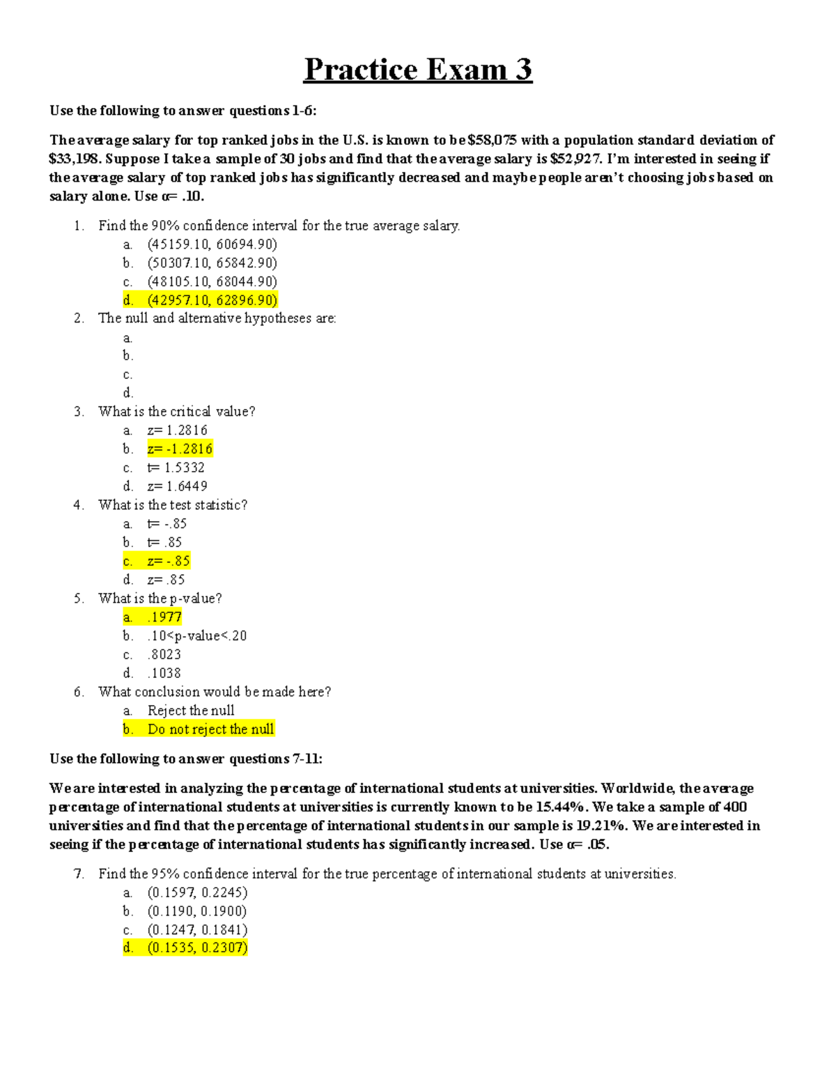 Practice Exam 3-Solution - Practice Exam 3 Use the following to answer ...