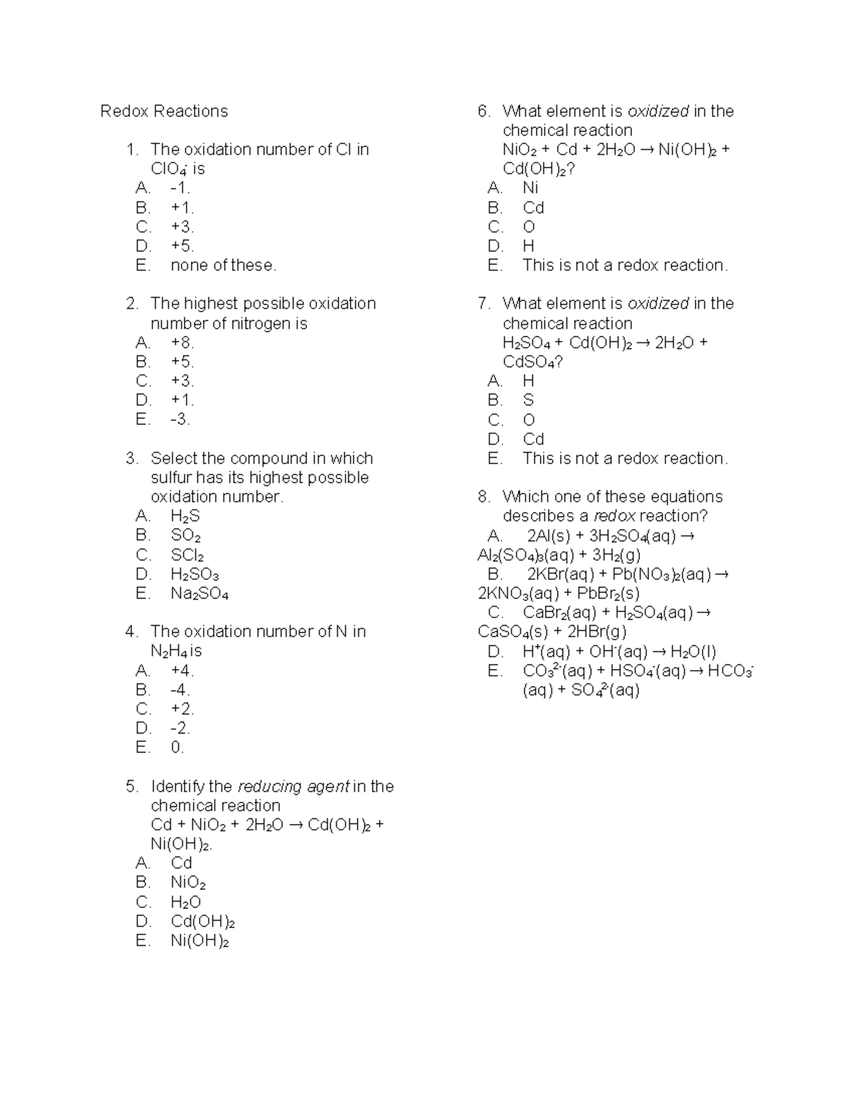 Redox Reactions: Oxidation Numbers & Agents - Chem 101 Quiz - Studocu