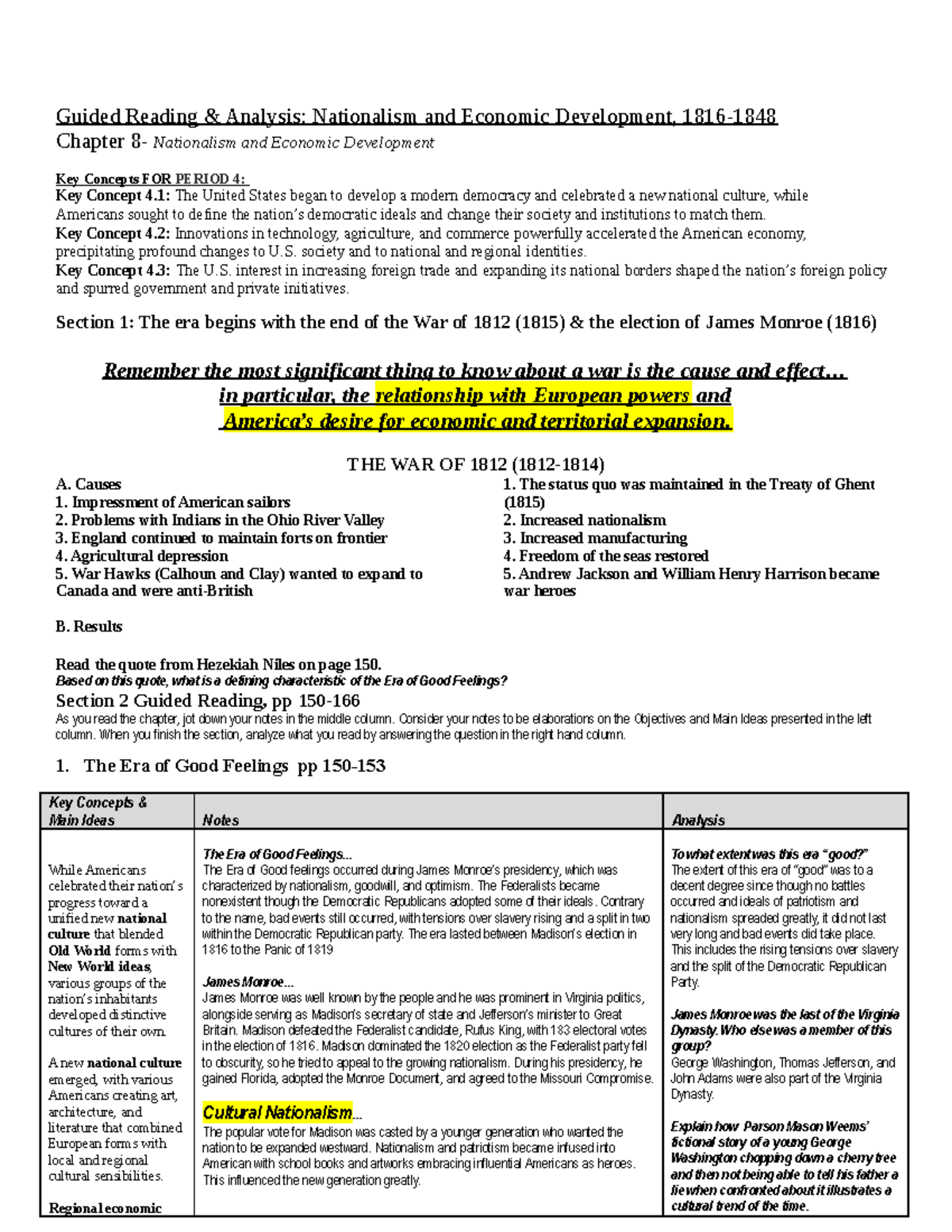 An overview of a unit in American History - Guided Reading & Analysis ...