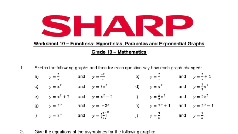 Worksheet 10: Hyperbolas, Parabolas & Exponential Graphs - Gr 10 Math ...