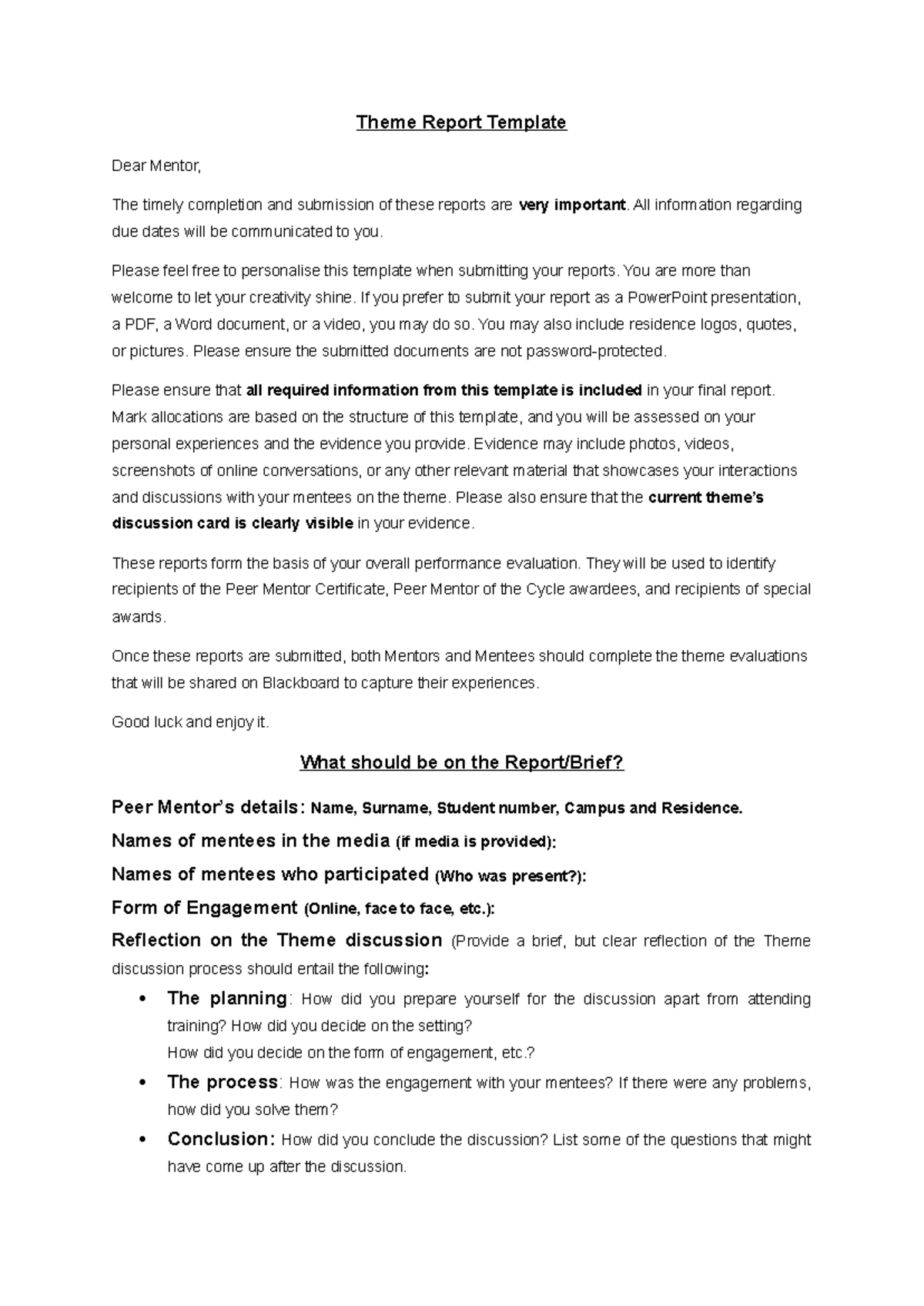 2026 Peer Mentor Theme Report Template Guidelines - Studocu