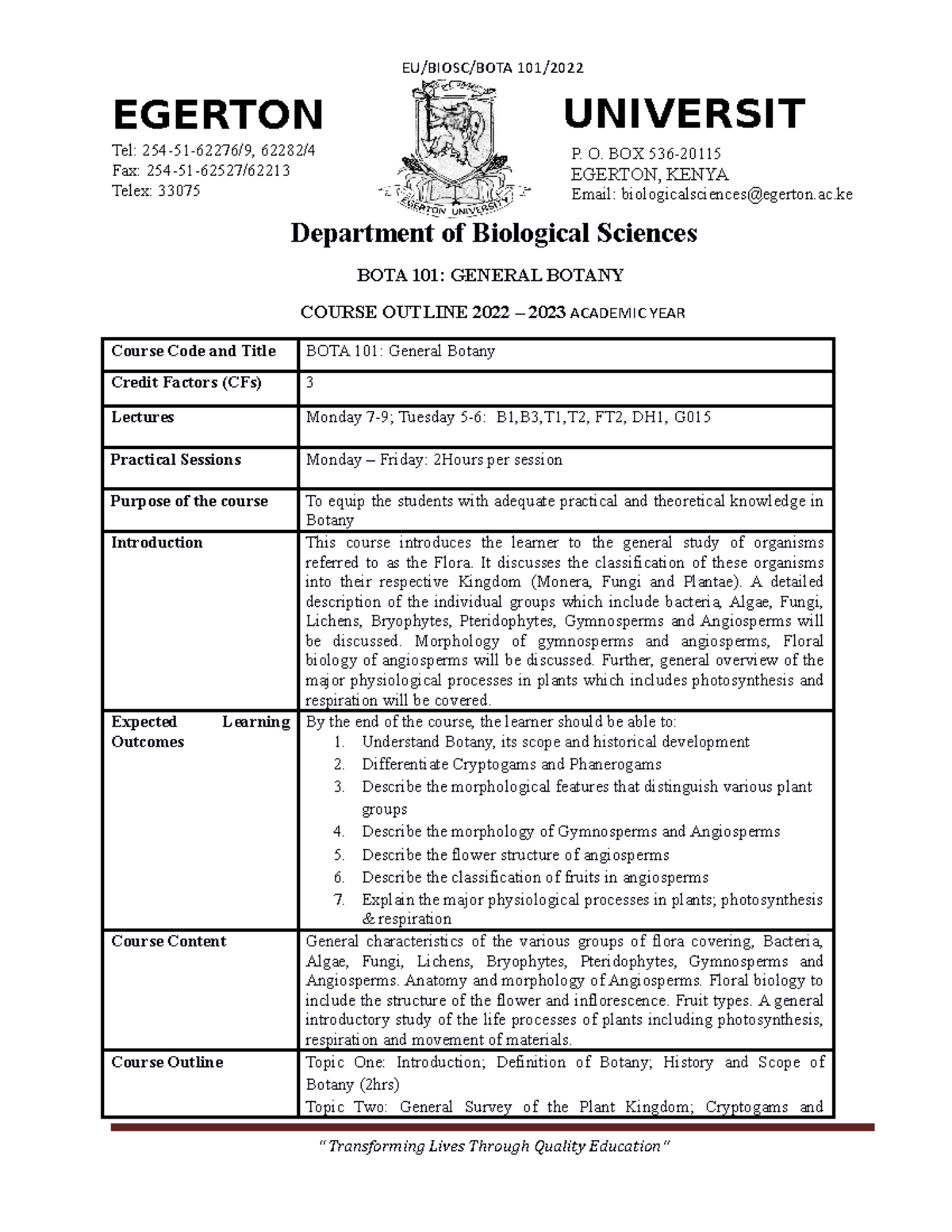 BOTA 101 Course Outline Updated Sept 2022 - EU/BIOSC/BOTA 101 ...