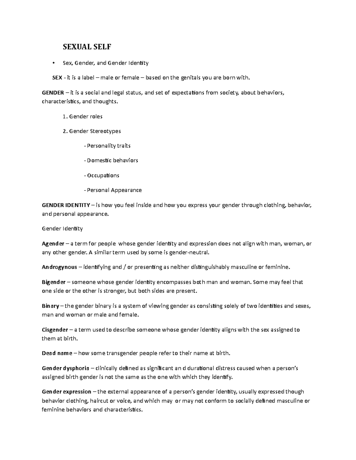Sexual SELF - Lecture Notes 2 on Gender and Identity Concepts - Studocu