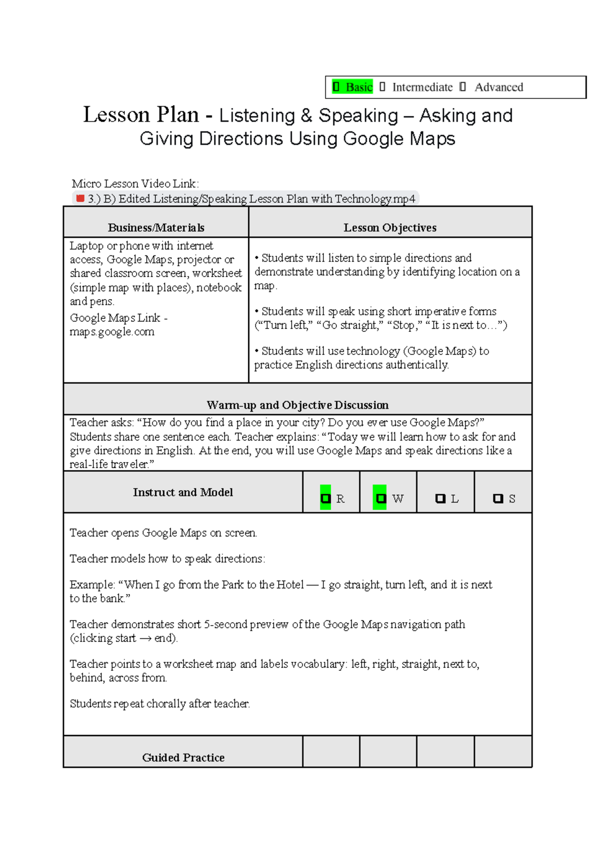 Edited Lesson Plan: Listening & Speaking Directions Using Google Maps ...