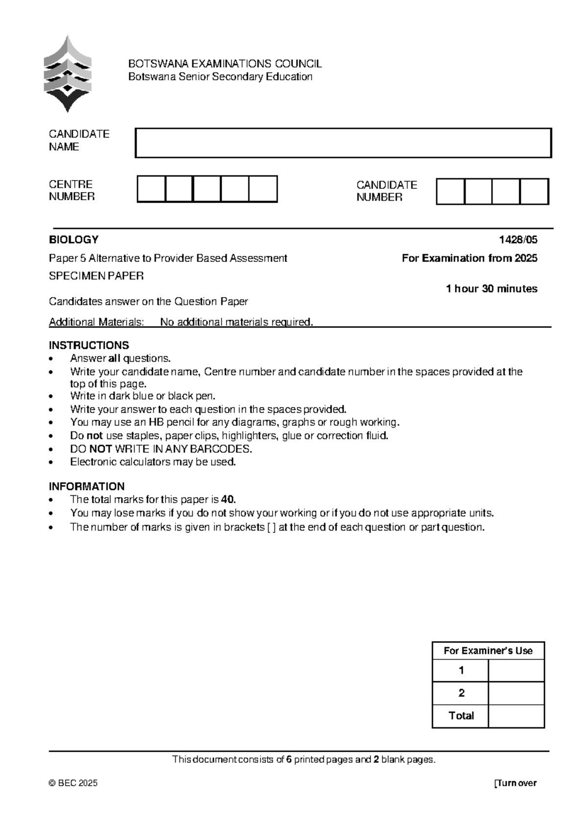 BEC 2025 Biology Specimen Paper 5: Alternative Assessment Guide - Studocu