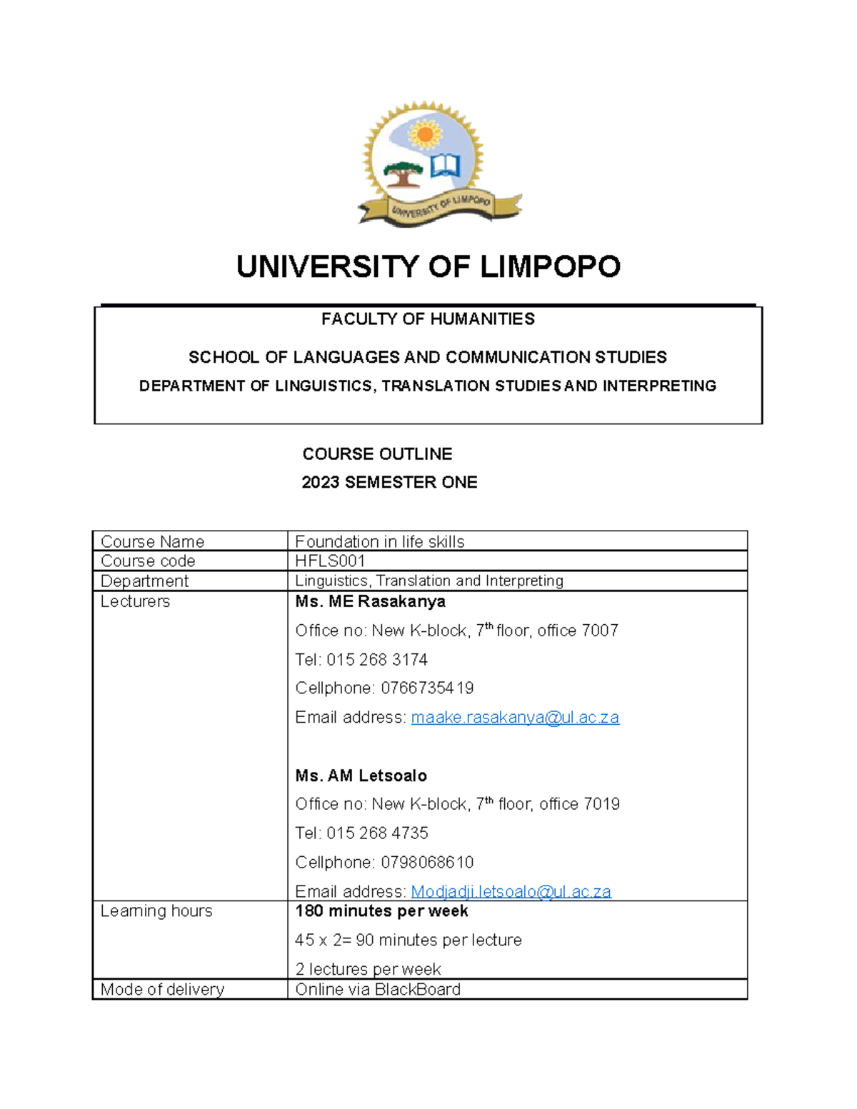 Course Outline 2023 semester 2 - UNIVERSITY OF LIMPOPO FACULTY OF ...