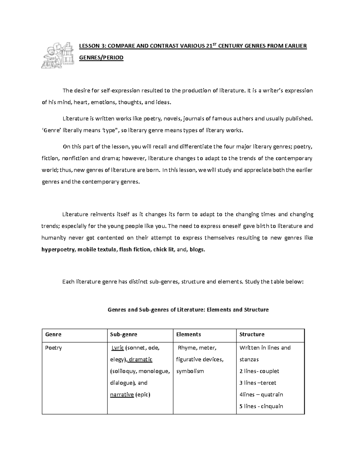 LESSON 3: COMPARING 21ST CENTURY LITERARY GENRES TO EARLIER ONES - Studocu
