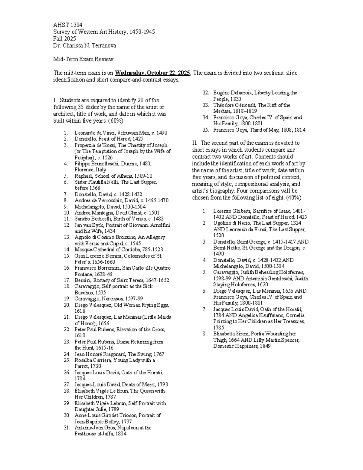 AHST 1304 Mid-Term Exam Review: Western Art History (1450-1945) - Studocu