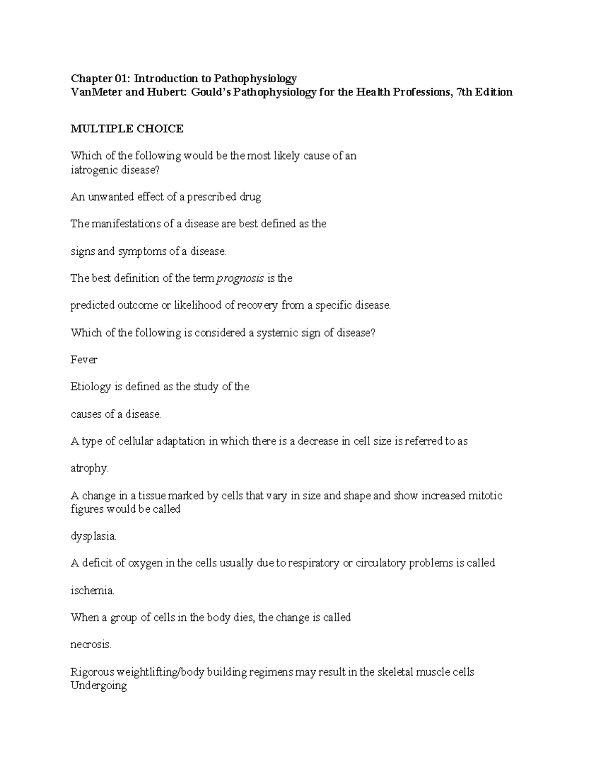 Chapter 01: Intro to Pathophysiology - Key Concepts & MCQs - Studocu