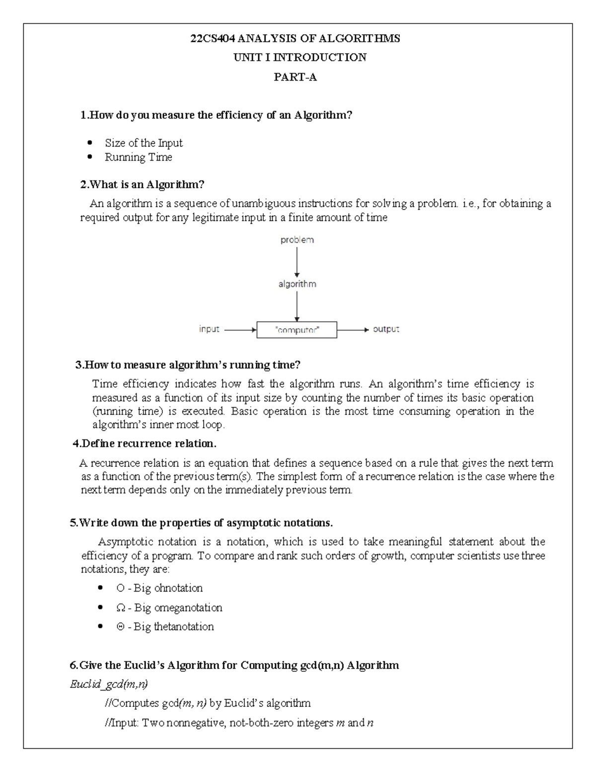 22CS404 ANALYSIS OF ALGORITHMS UNIT I QUESTION BANK AND NOTES - Studocu