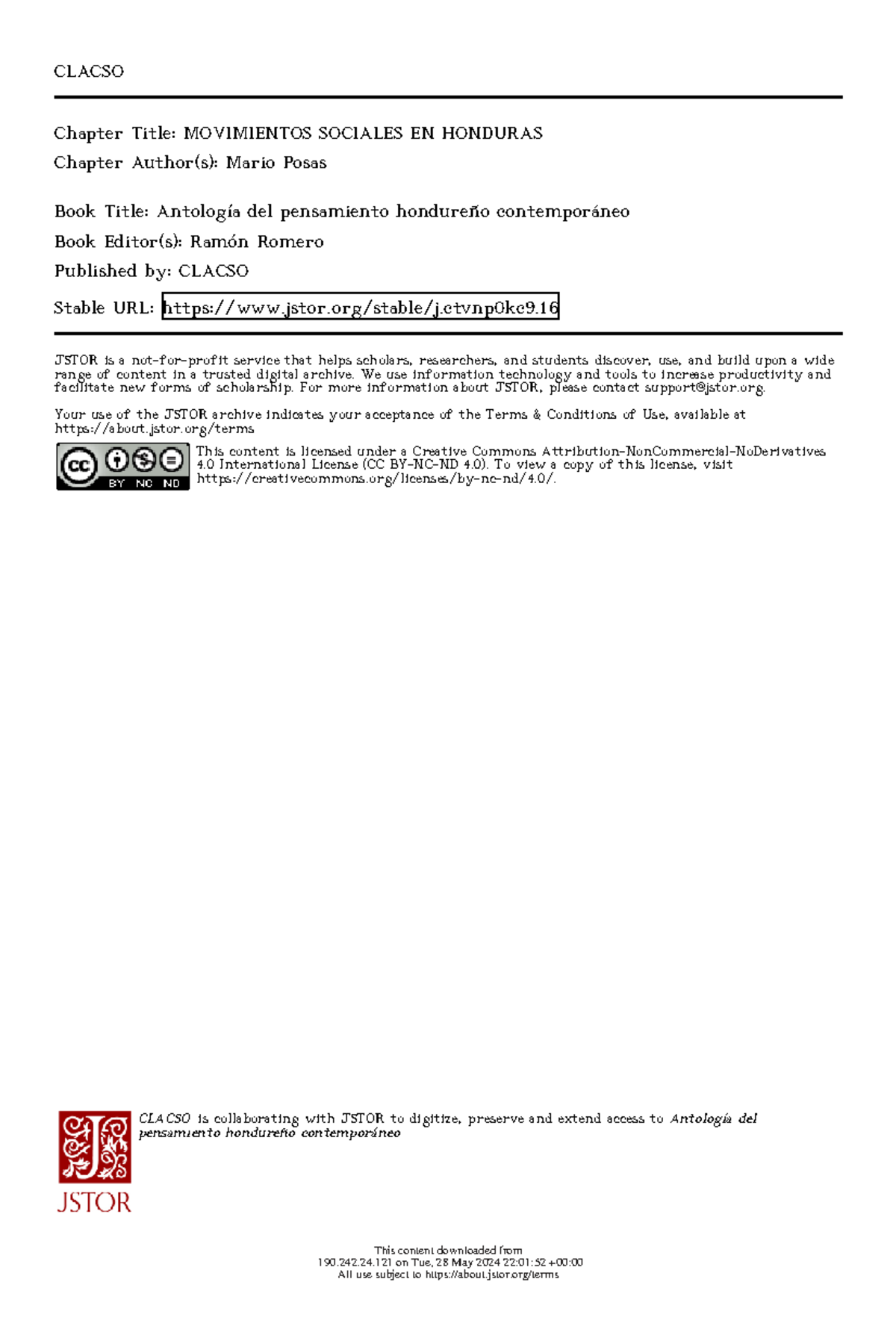 Movimientos Sociales en Honduras por Mario Posas - Capítulo 33 - Studocu