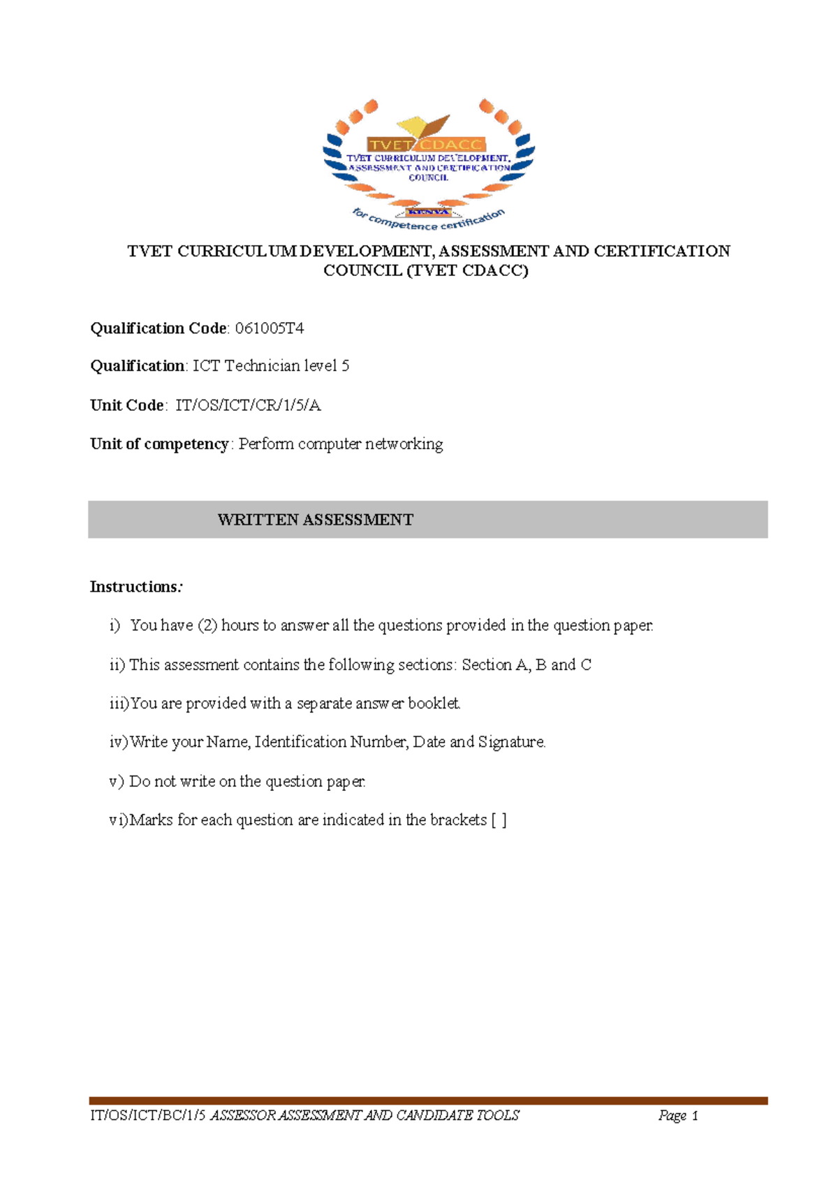 TVET CDACC Qualification 061005T4: ICT Technician Level 5 Networking ...