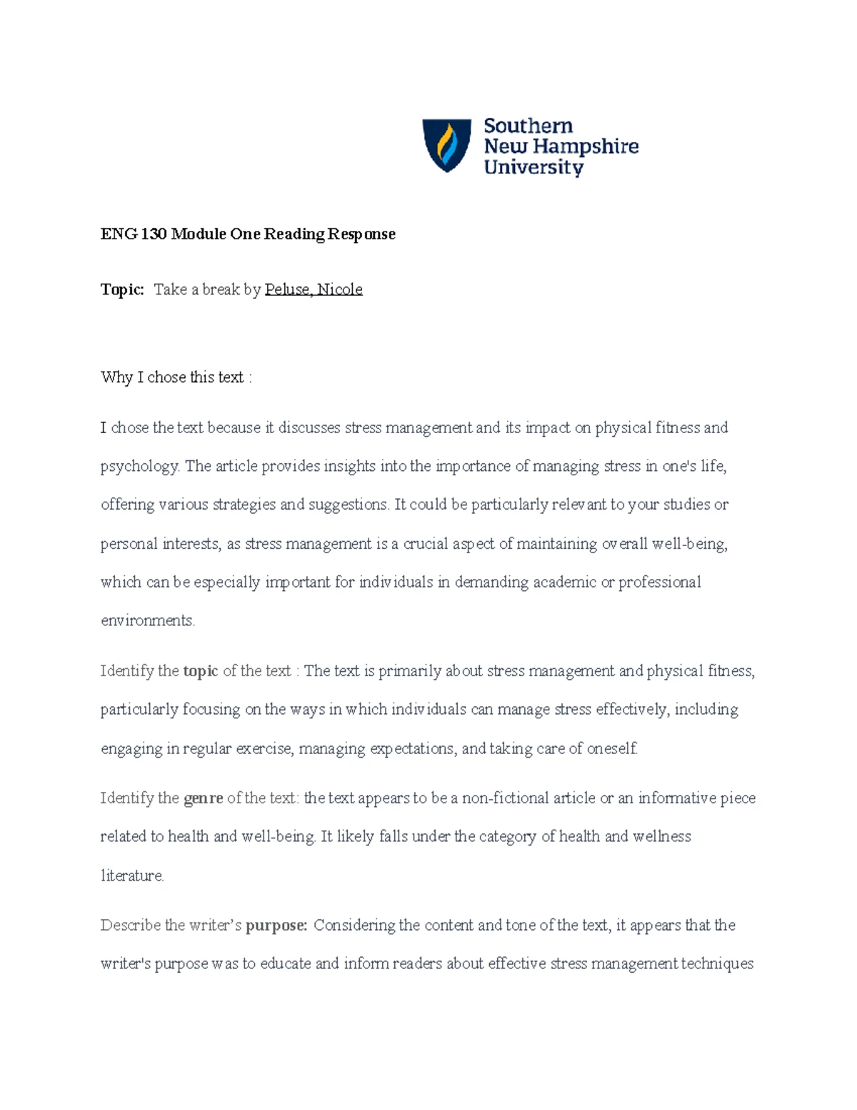 ENG 130 Module 1 Reading Response on Time Management Insights - Studocu