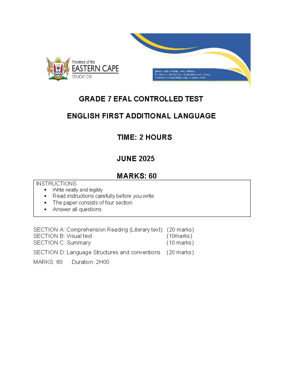 Grade 7 EFAL Controlled Test QP - English First Additional Language ...