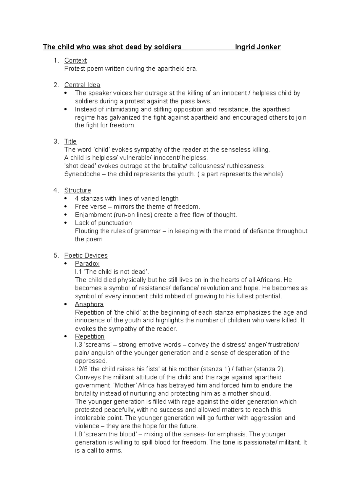 Ingrid Jonker's Poem Analysis: 'The Child Who Was Shot Dead' - Studocu