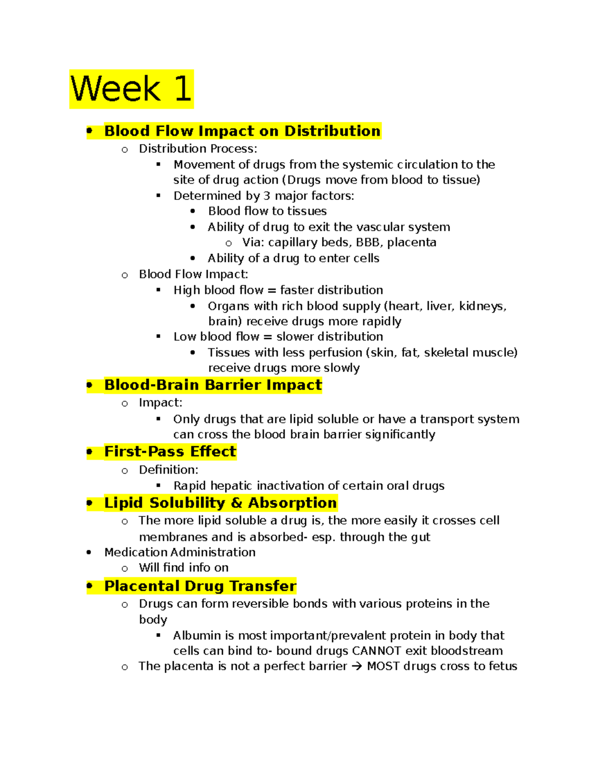 Week 1 - Blood Flow and Drug Distribution Notes (Pharmacology) - Studocu