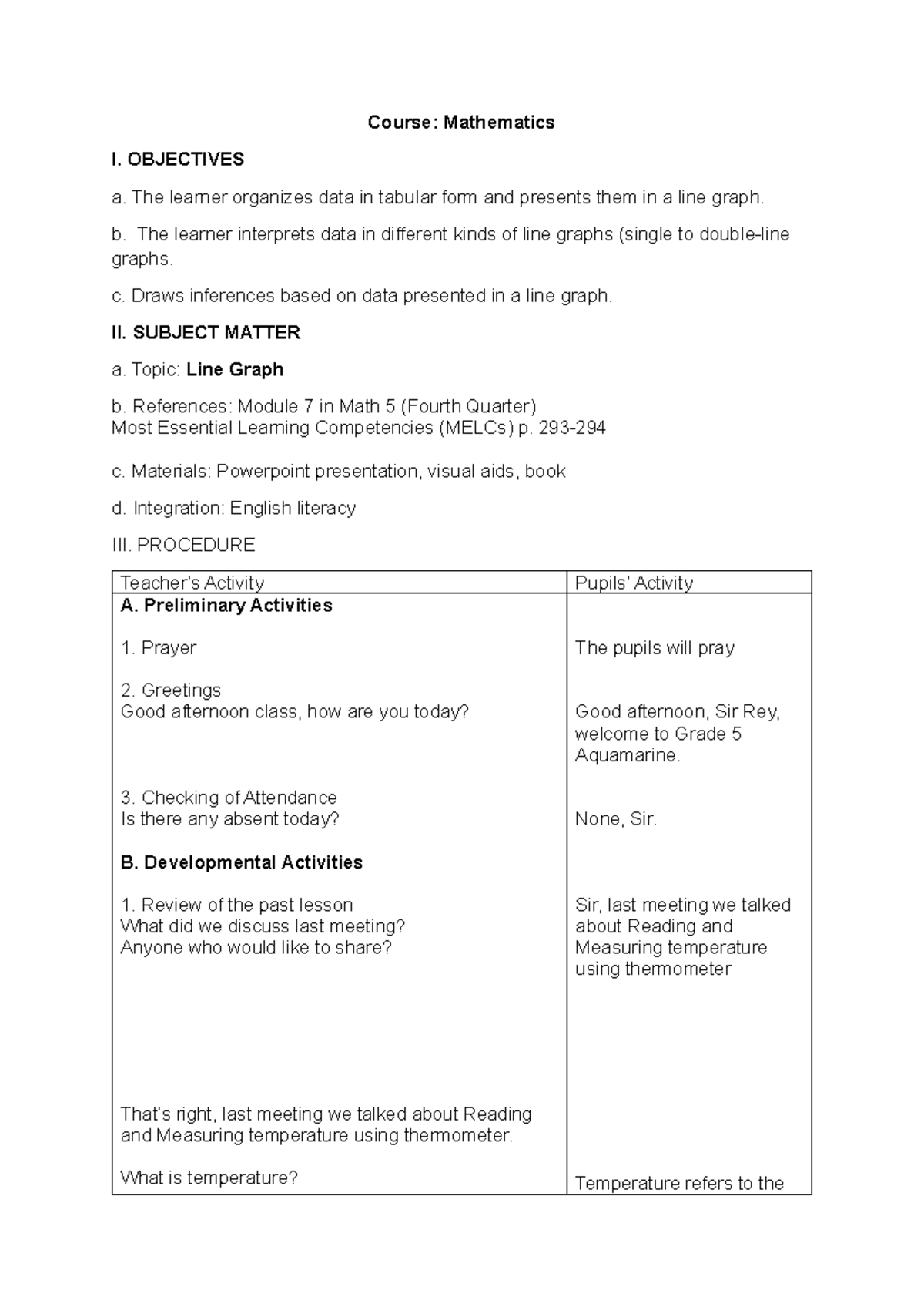 Final Lesson Plan for Math I: Line Graphs and Data Interpretation - Studocu